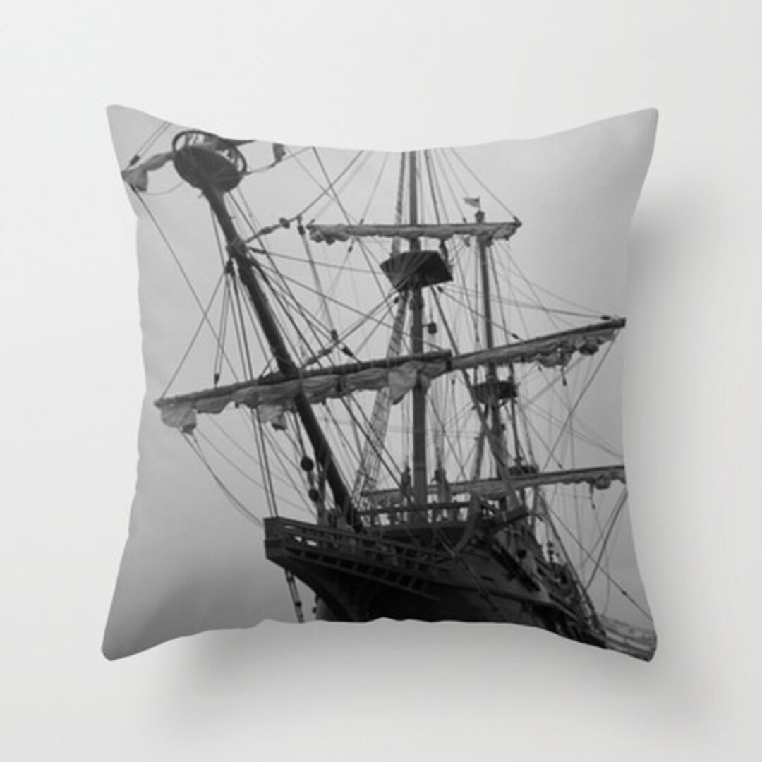 Pirate Ship Pillow, Black and White Pillow, Tall Ship Pillow, Nautical ...