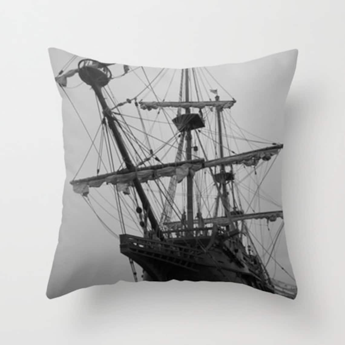 Pirate Ship Pillow, Black and White Pillow, Tall Ship Pillow, Nautical ...