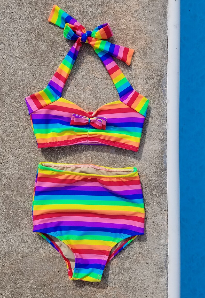 Red Dolly Rainbow Stripe Retro Bikini Two Piece Girls Vintage - Etsy