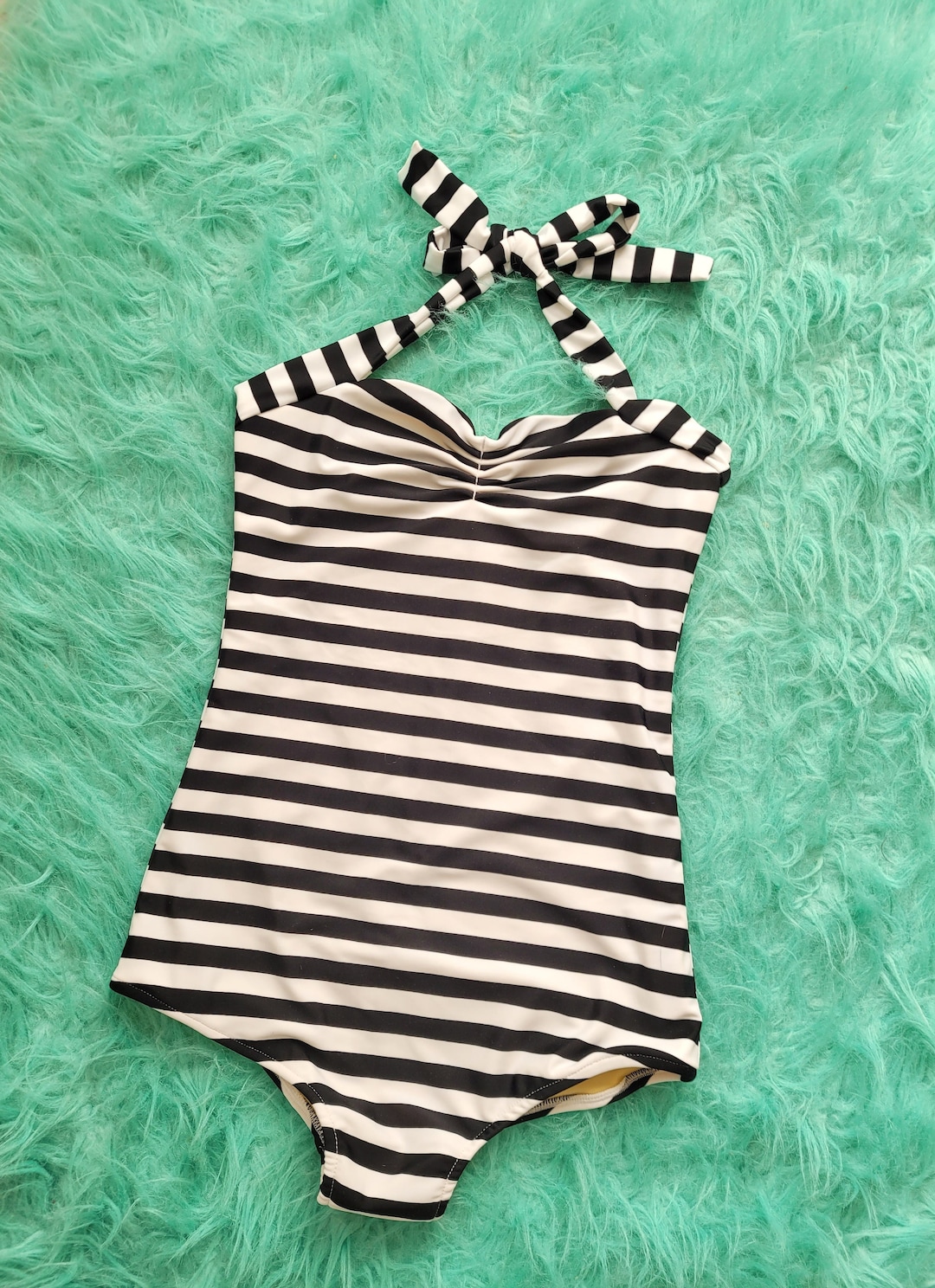 Girls Black and White Stripe Retro One Piece Barbie Vintage Swimsuit ...