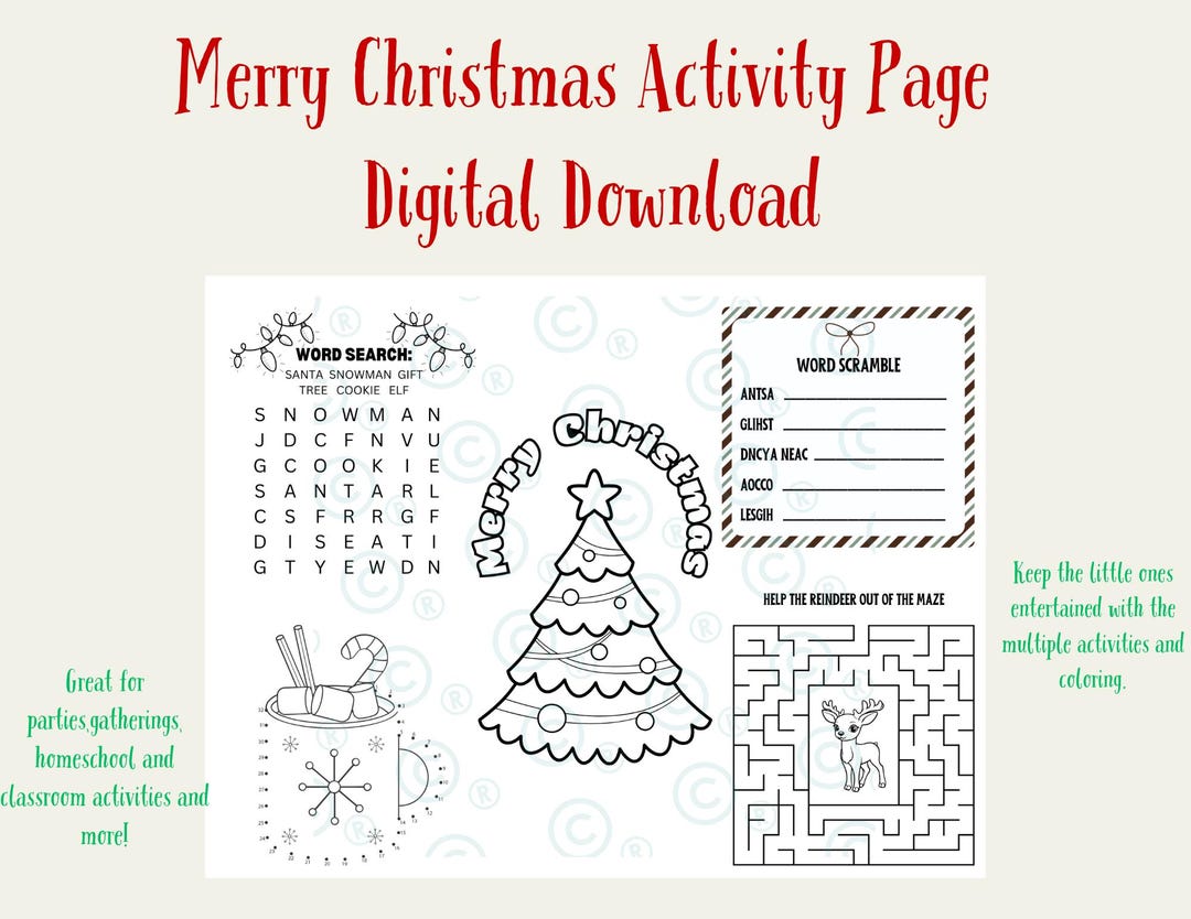 Christmas Activity Page, Printable Coloring Page, Printable Placemat ...