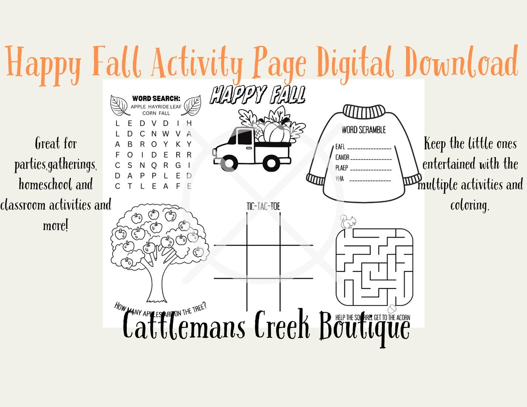 Fall Activity Page, Printable Coloring Page, Printable Placemat, Fall ...