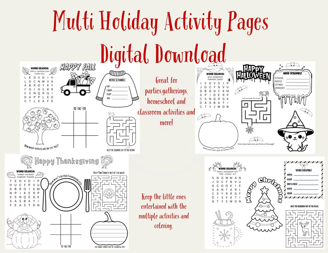 Multi Holiday Activity Pages, Printable Coloring Pages, Printable ...