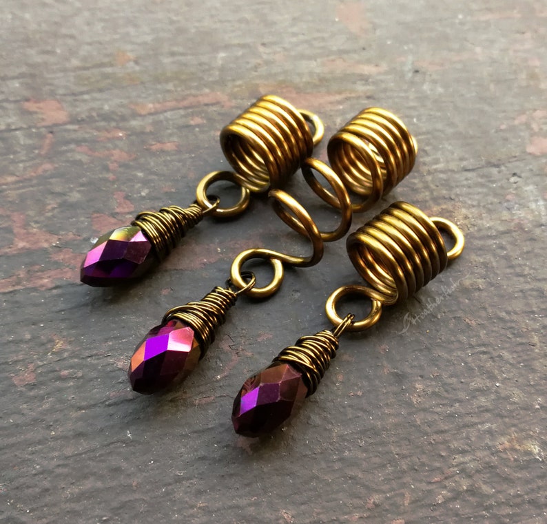 Loc Beads Set of 3 Antique Brass Purple Loc Beads Gold Loc | Etsy