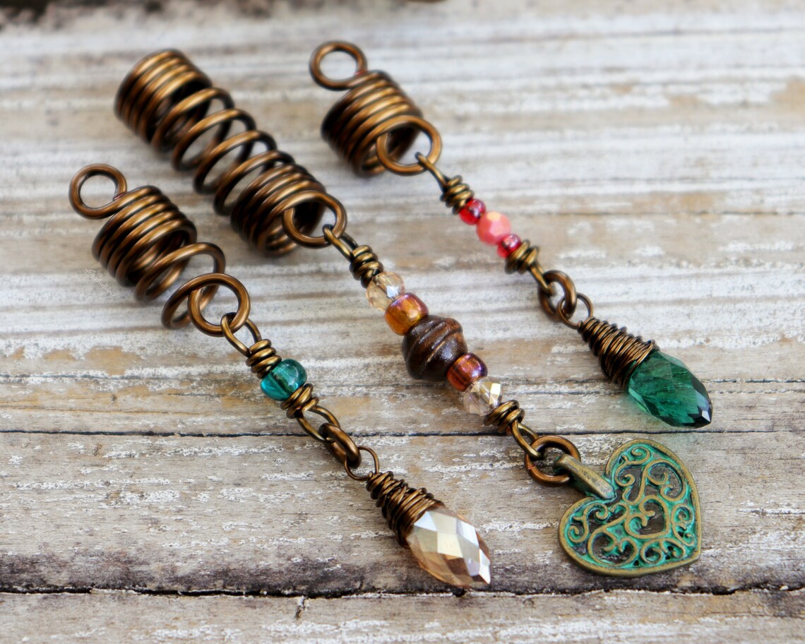 Loc Jewelry Set of 3 Loc Beads, Filigree Heart, Teal, Coral ...