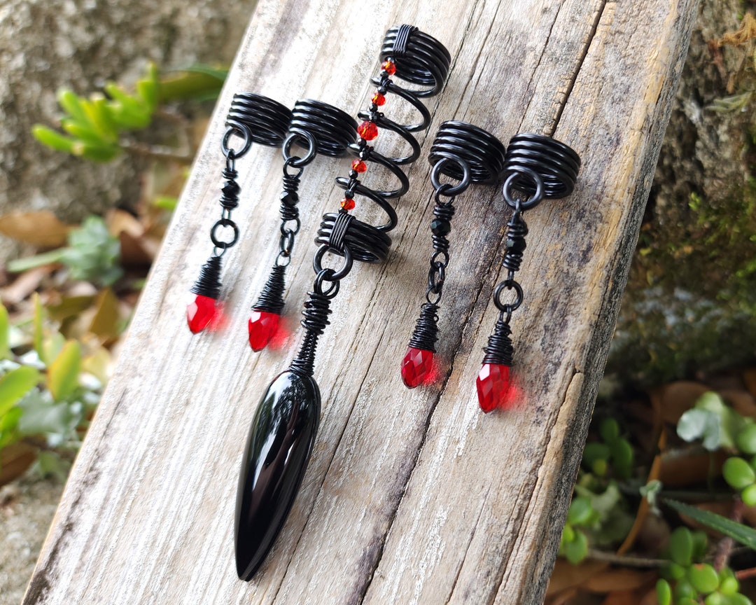 Black Onyx, Red Glass Loc Beads, Set of 5, Black Wire, 11mm, Ready to ...