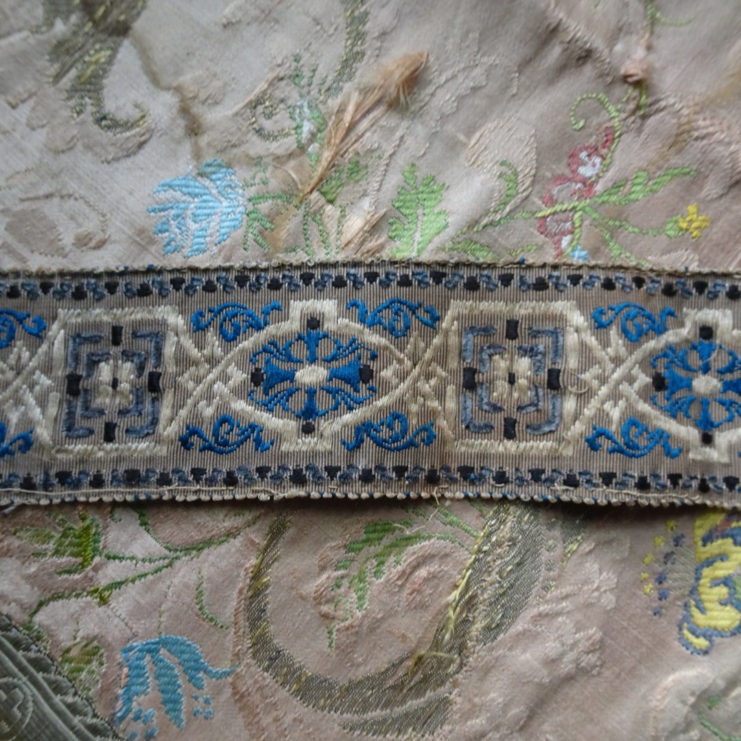 ANTIQUE Heavy Cotton Woven Ribbon Trim, Blue,gold and Cream,wide Ribbon ...