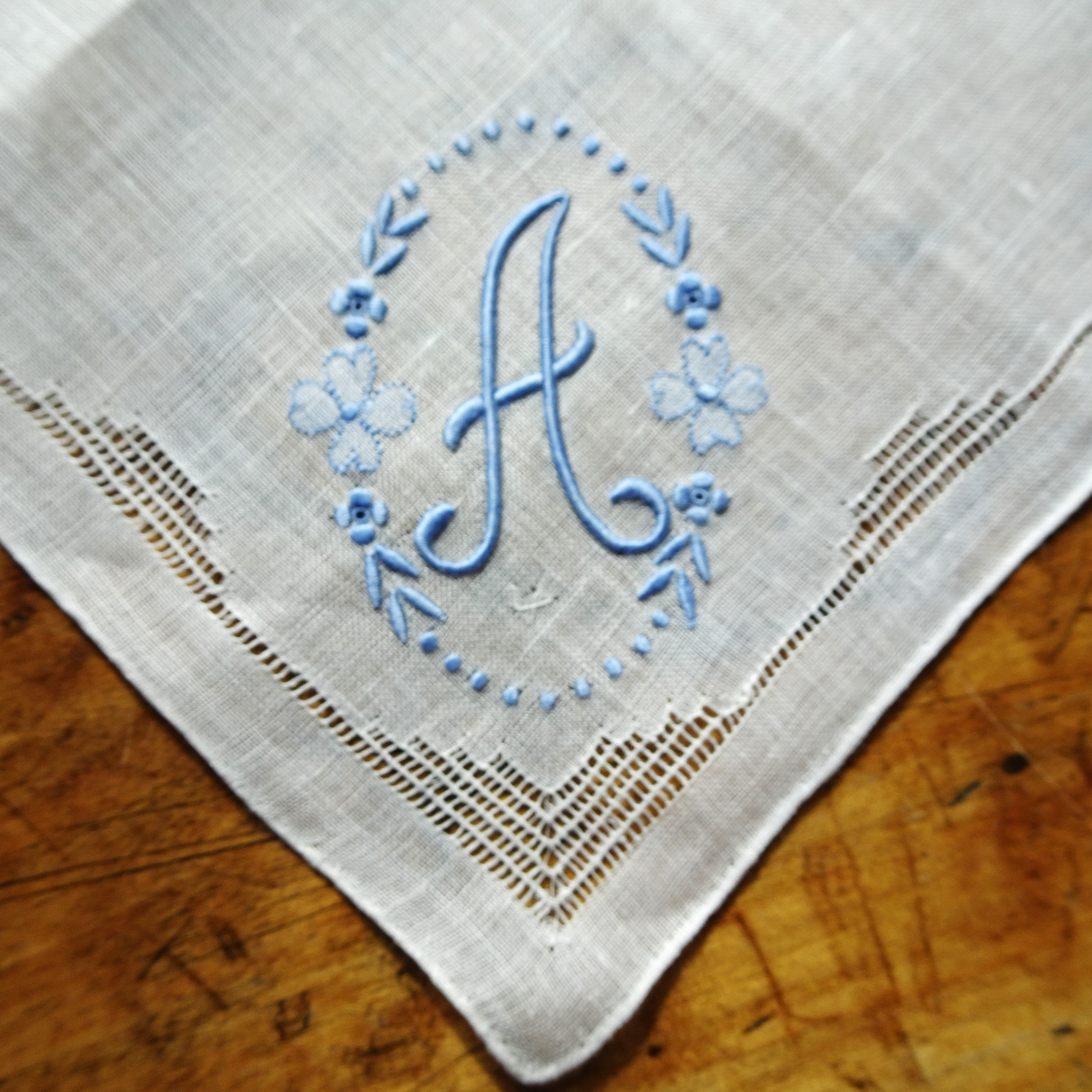LOVELY Handkerchief,art Deco Hanky,raised Blue Embroidery,monogram A ...