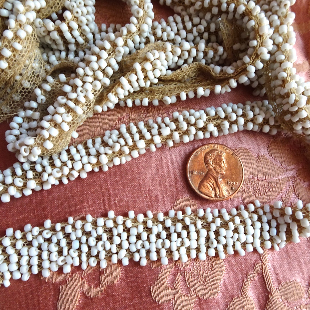 FRENCH Art Deco Flapper Era Beaded Trim Tiny White Beads on Netted Lace ...