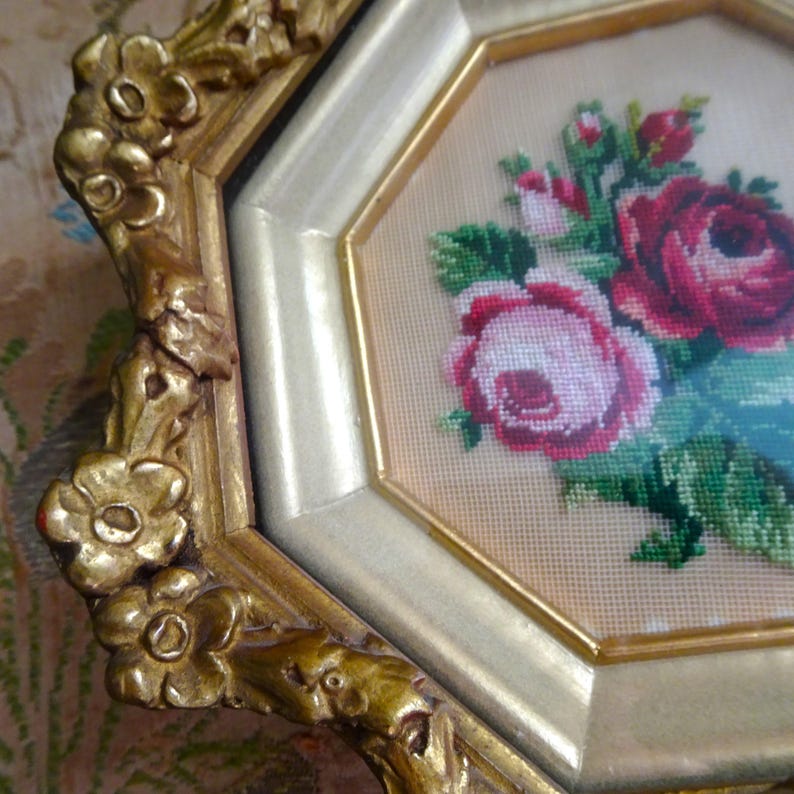 GORGEOUS 1920s Petit Point ROSES Picture,ornate Floral Gilt Shadow Box ...