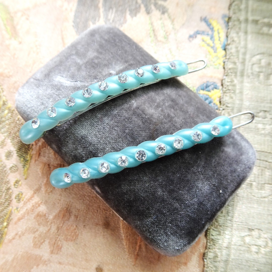 DREAMY Vintage Pair of Barrettes, Blue Cable Pattern,sparkling ...
