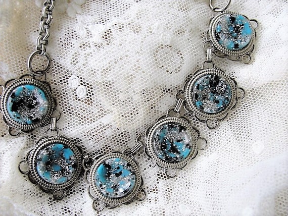FABULOUS 1950s Unique Mottled Turquoise Art Glass Stones and Silver ...