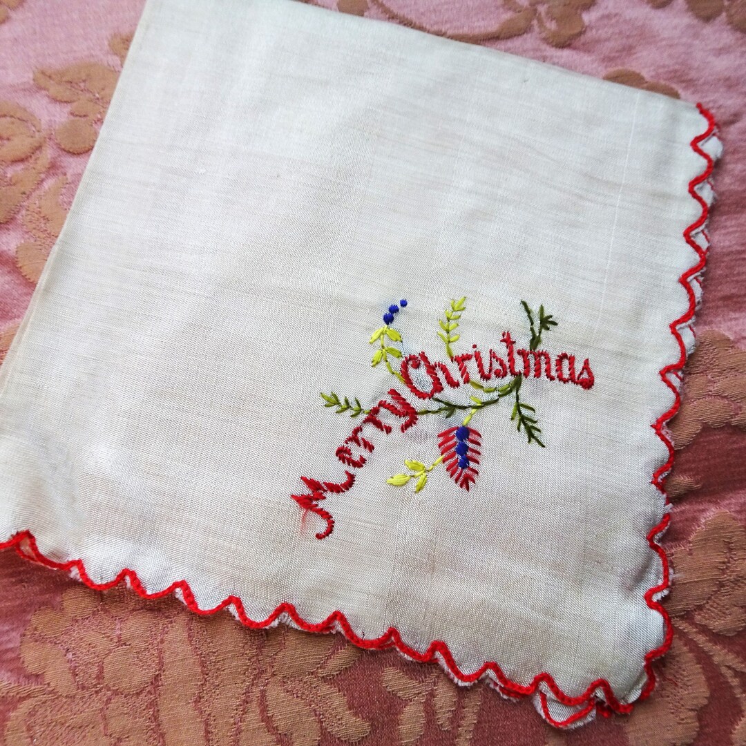 BEAUTIFUL Antique MERRY CHRISTMAS Hanky Embroidered, Pink Silk ...