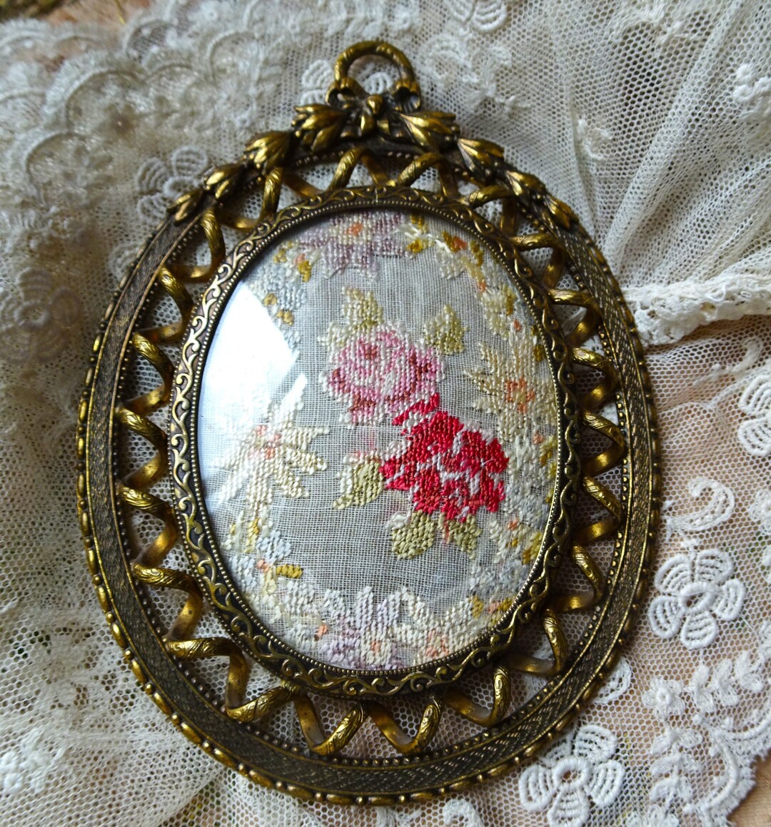 French Antique Framed Petit Point Embroidery, Ornate Ormolu Frame With ...