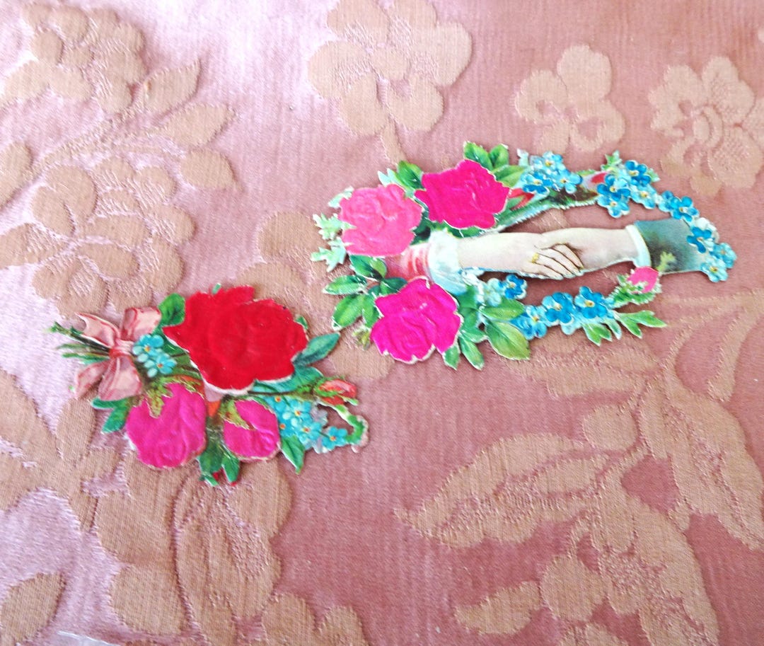 BEAUTIFUL Victorian Die Cut Embossed Scraps With SILK Flowers,pink Blue ...