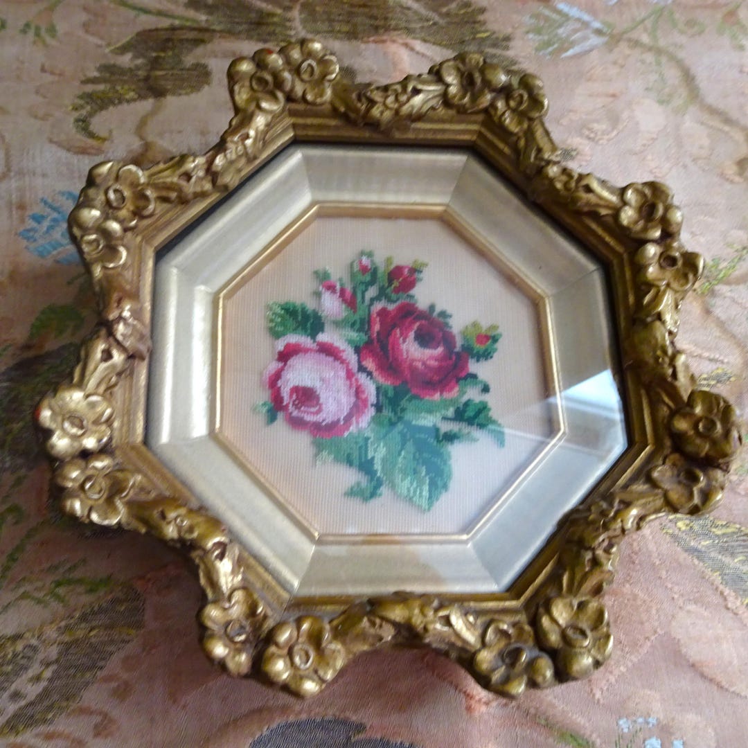 GORGEOUS 1920s Petit Point ROSES Picture,ornate Floral Gilt Shadow Box ...