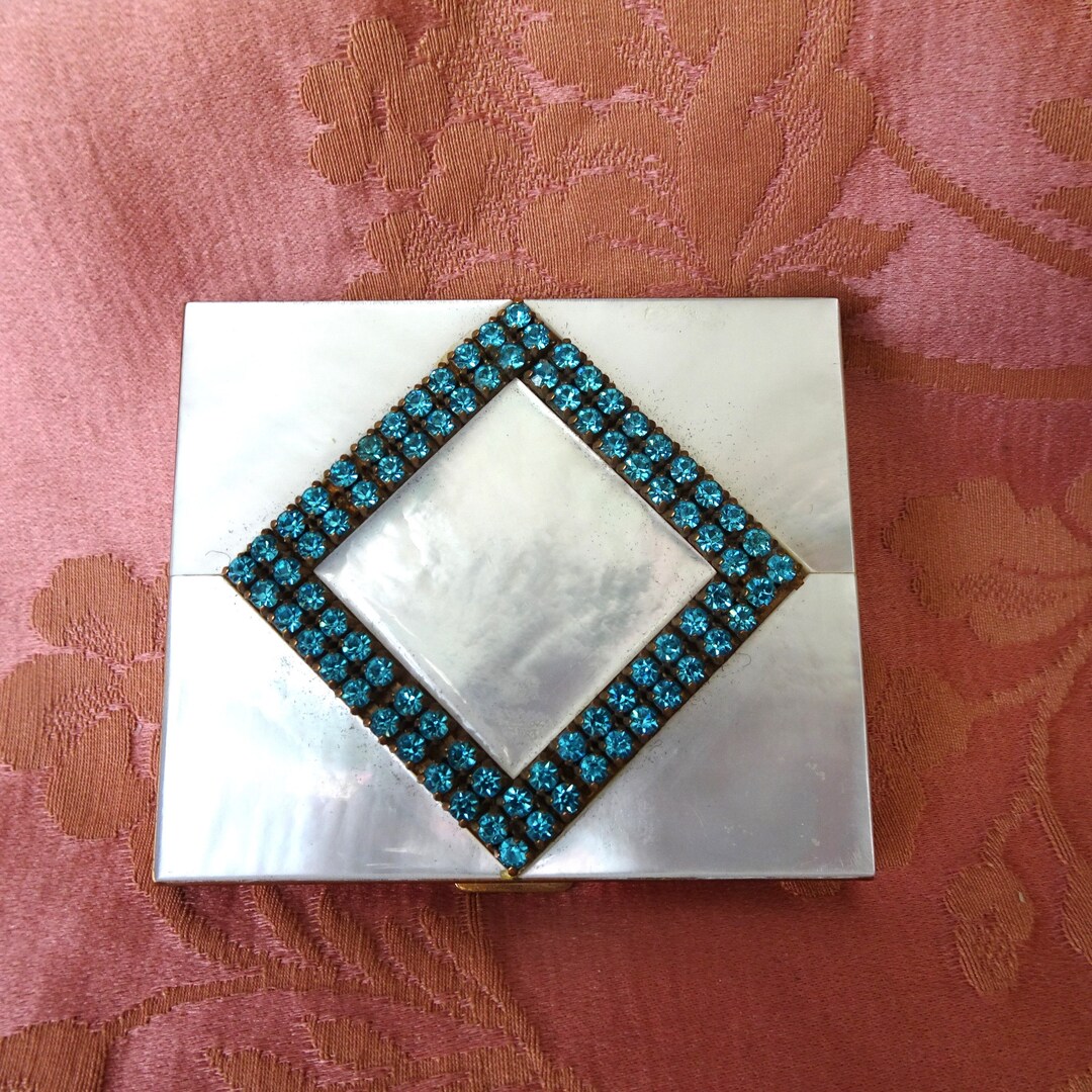 LOVELY Vintage Mother of Pearl Purse Compact, Blue Rhinestones on ...