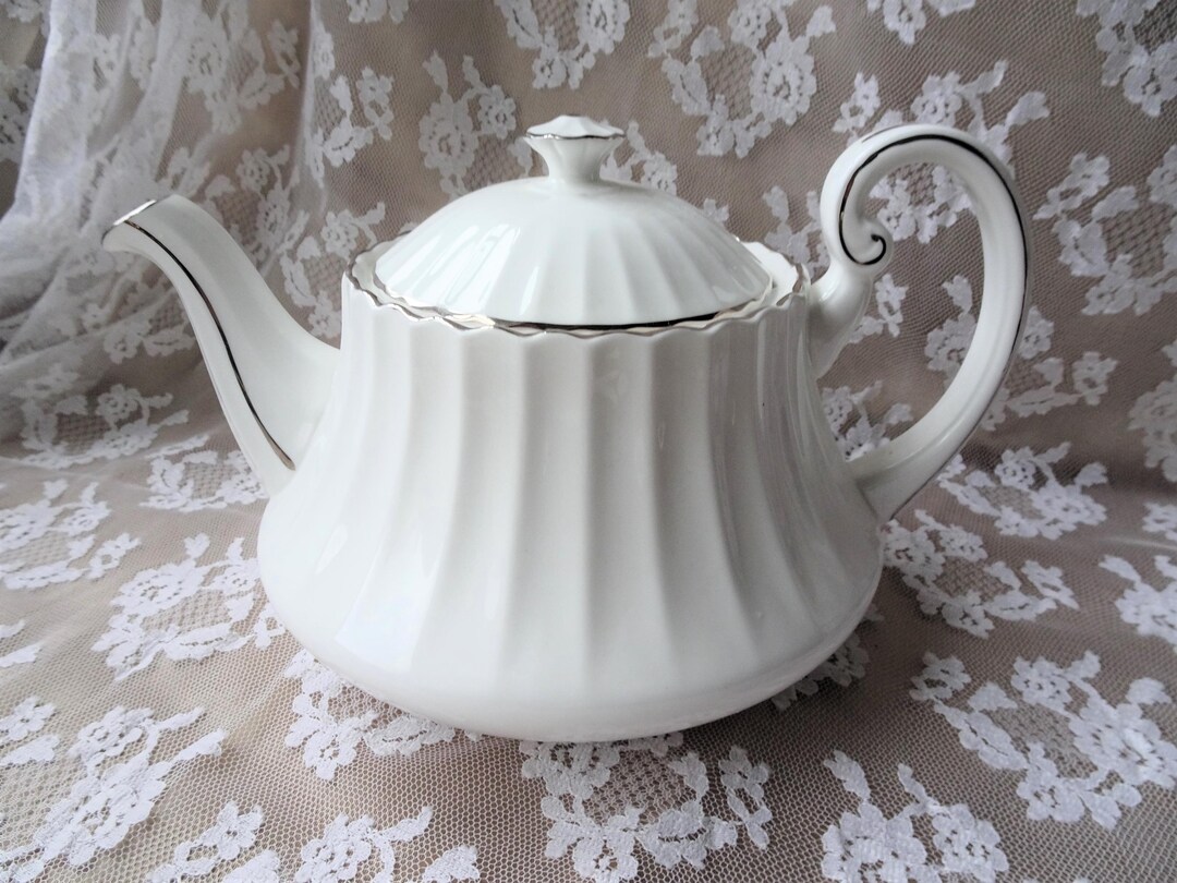 ELEGANT Vintage Fluted Teapot, Paragon English Bone China, Silver Trim, White, Immaculate ...