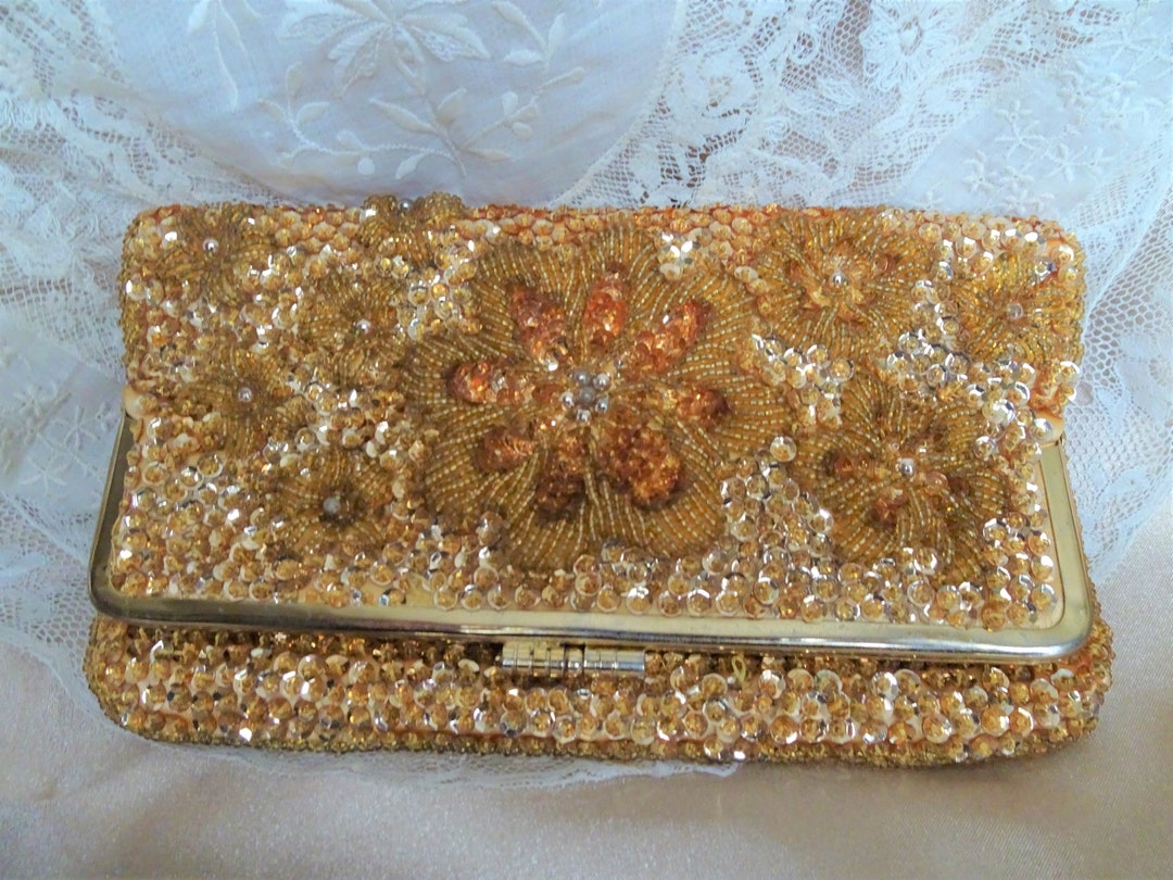 GORGEOUS Vintage Hand Beaded Evening Purse, Golden Glass and Sequined ...