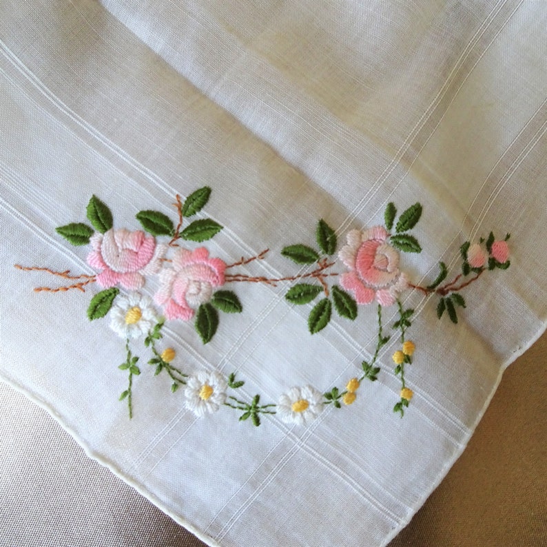 LOVELY Embroidered Hanky,pink Rose Flowers Embroidery Hankie ...