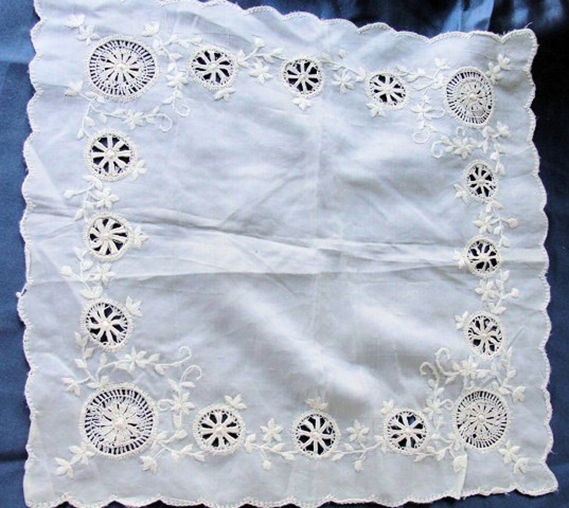 BEAUTIFUL Antique French Embroidered Silk Handkerchief Hanky Lots of ...