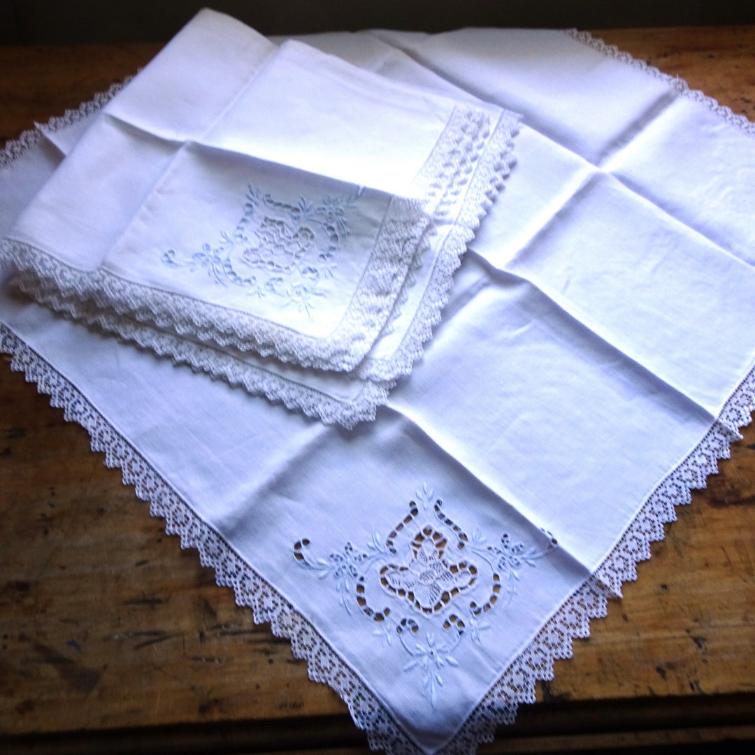 BEAUTIFUL Vintage 1920s Lace and Linen Napkins Set, Huge Dinner Size ...