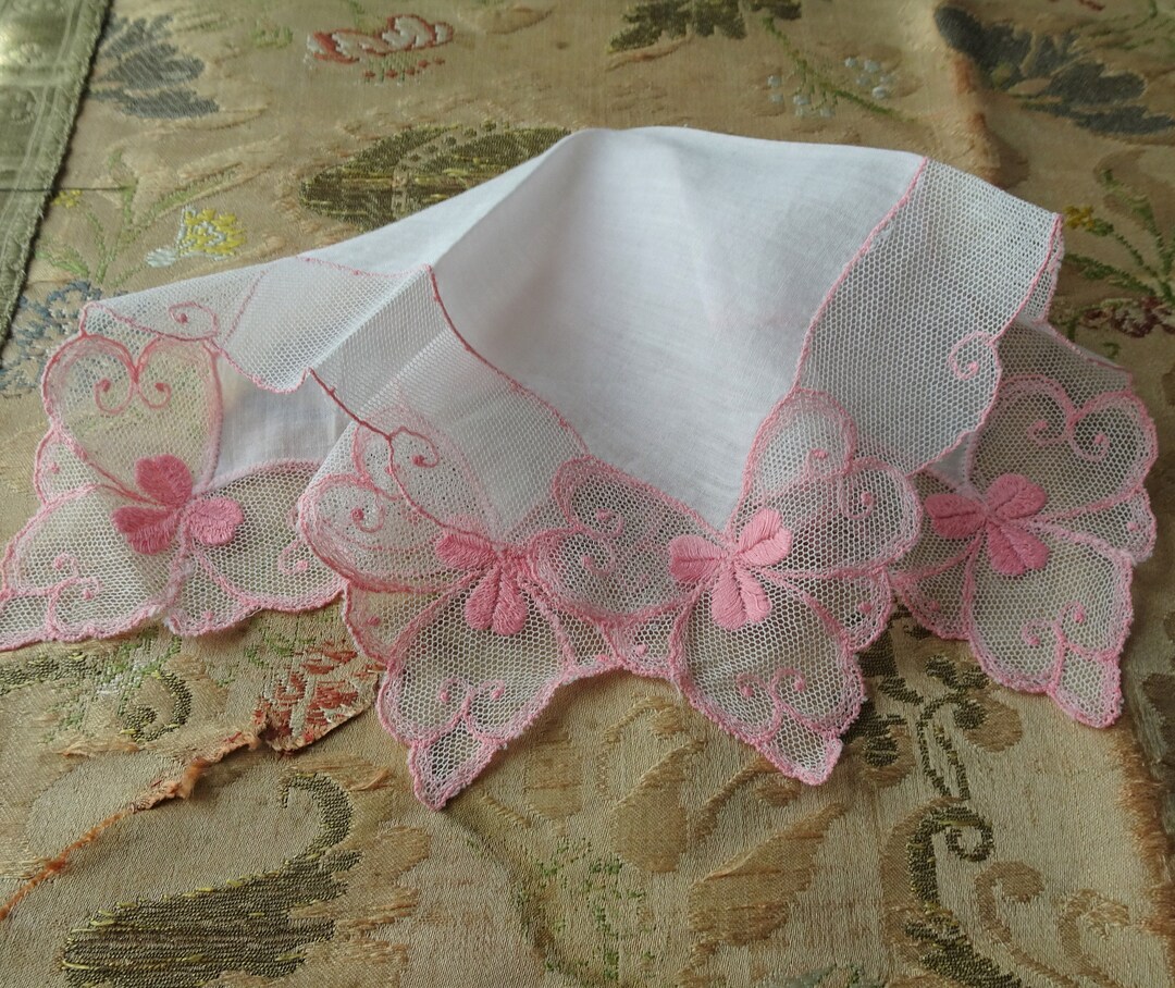BEAUTIFUL Vintage Swiss Lace Hanky,pink Hankie,wide Pink Lace ...