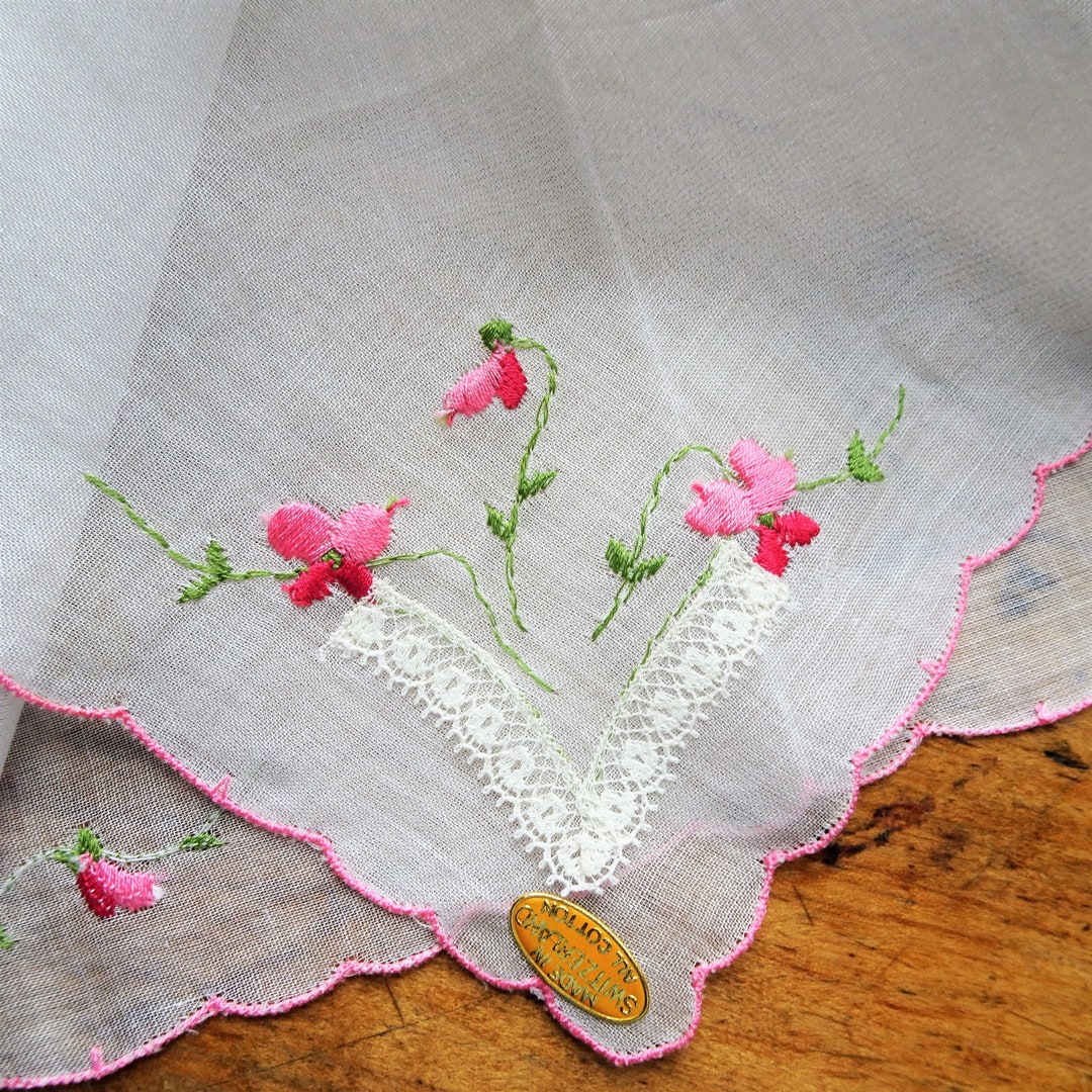 LOVELY Rosy Pink Floral Embroidered Hankie,vintage Handkerchief ...