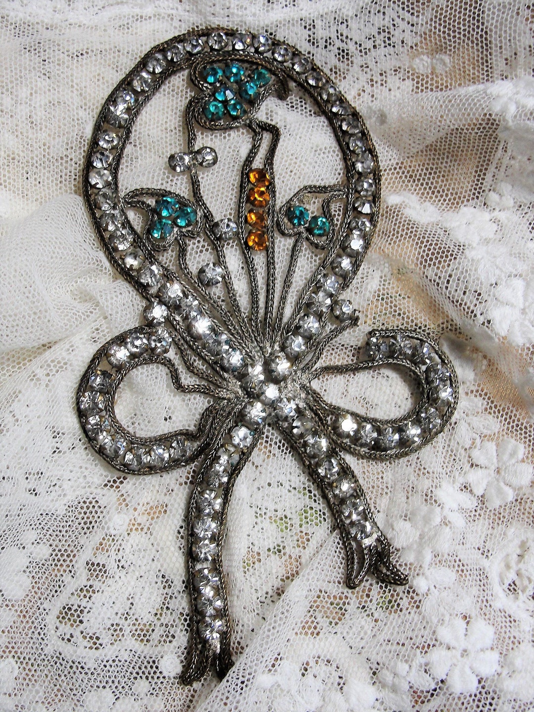 GORGEOUS Antique FRENCH Flapper Silver Metal and Stone Applique ...