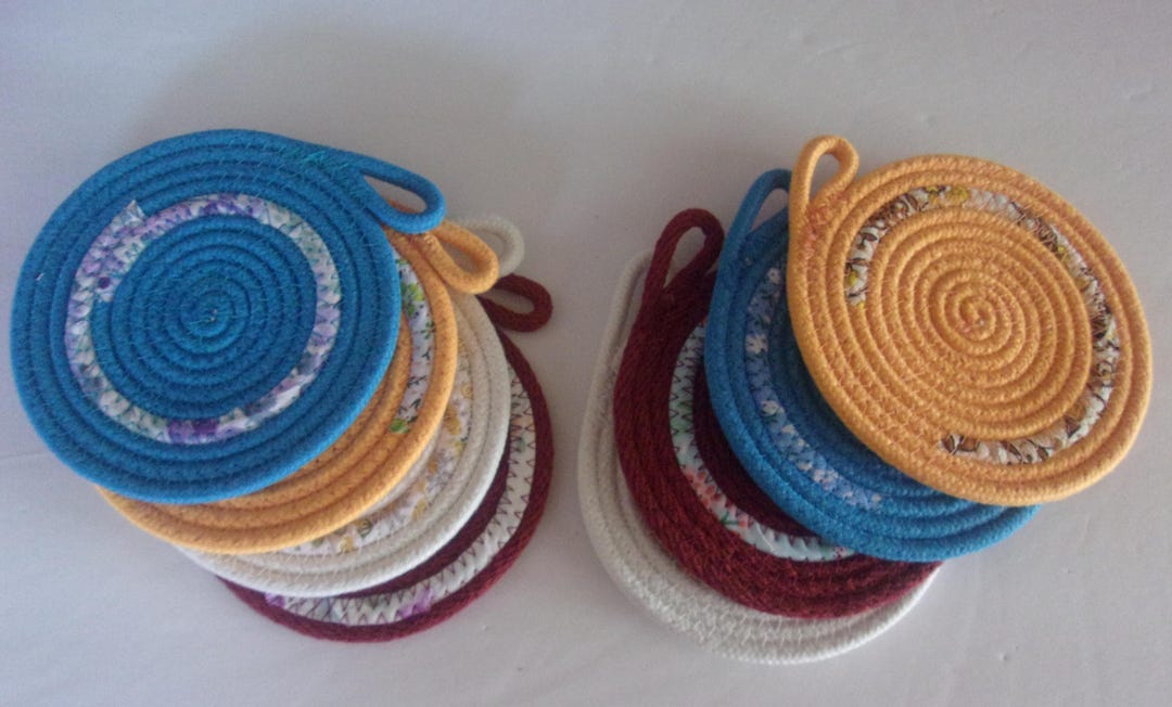 Cotton Rope Coasters With Fabric Embellishment. Set of 4. Machine ...