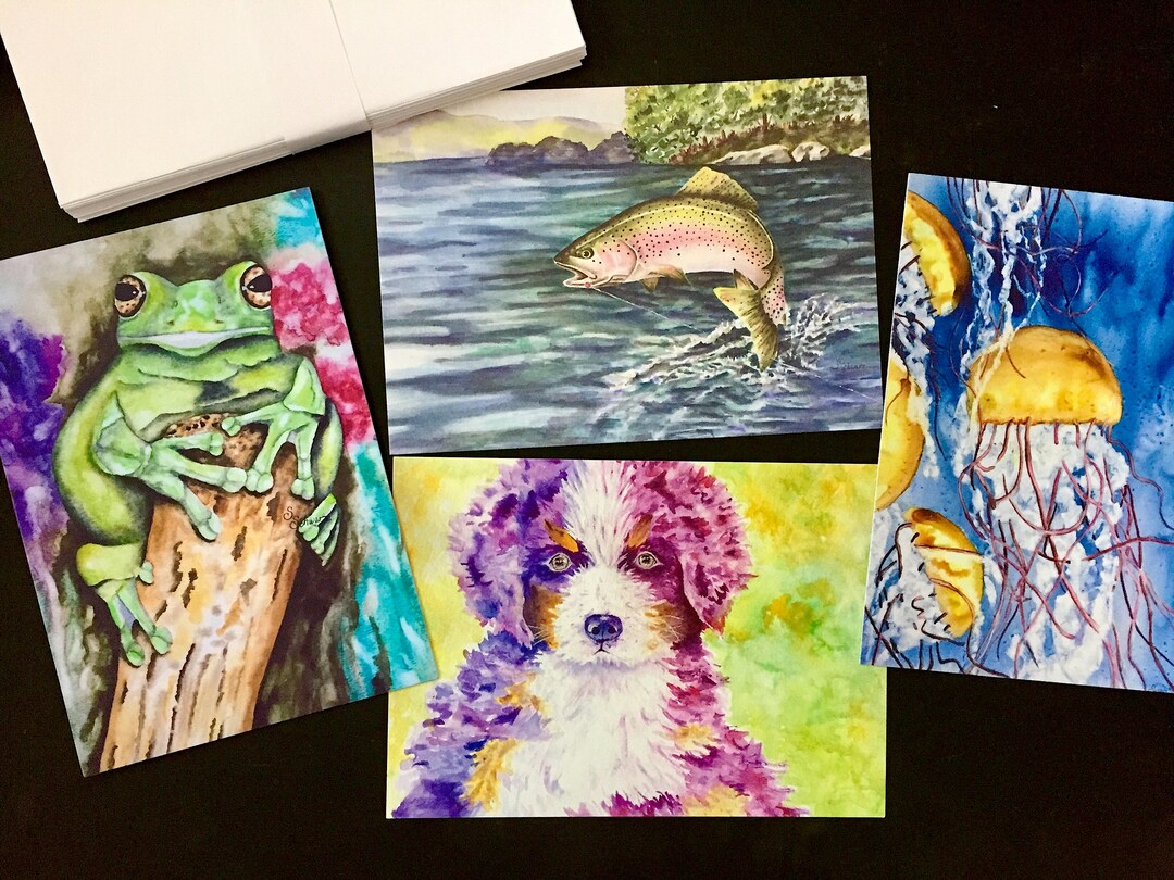 Watercolor Animals Collection, Blank Note Cards Set of 4, Stationary ...