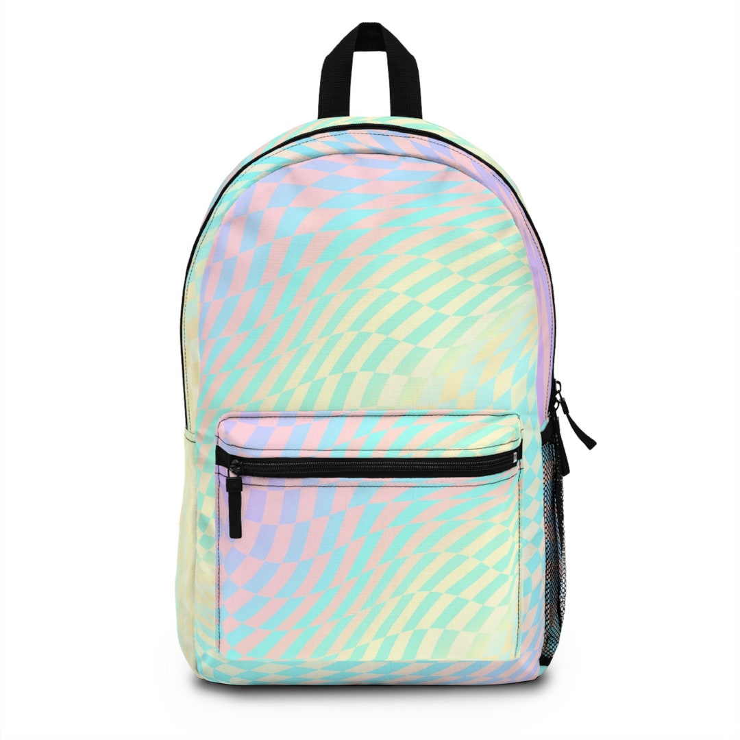 Wavy Pastel Checker Backpack, Full-sized Backpack W/water Bottle Pocket ...