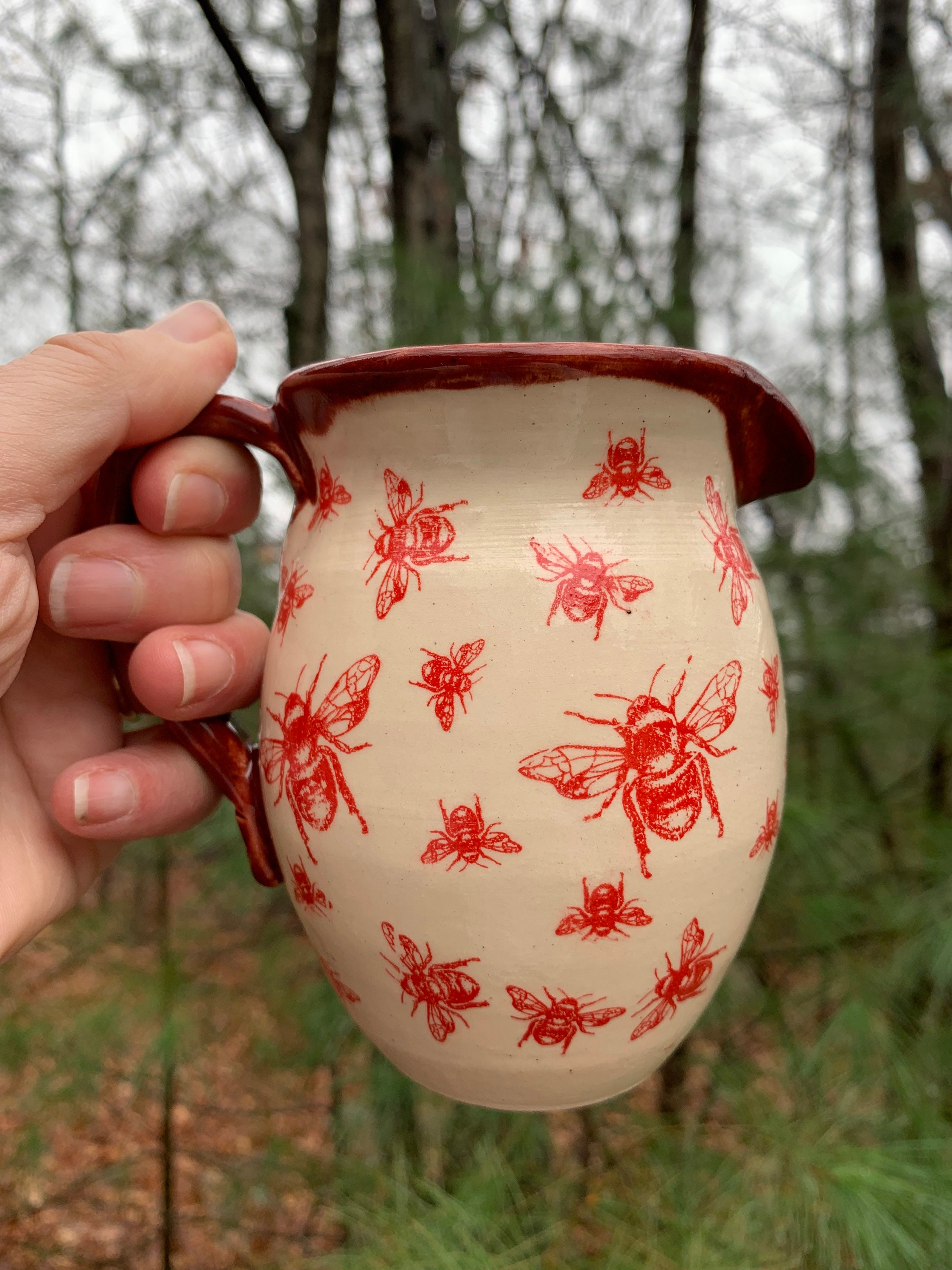 Bumblebee 10 ounce stoneware pitcher/creamer in red READY TO SHIP Mugs ...
