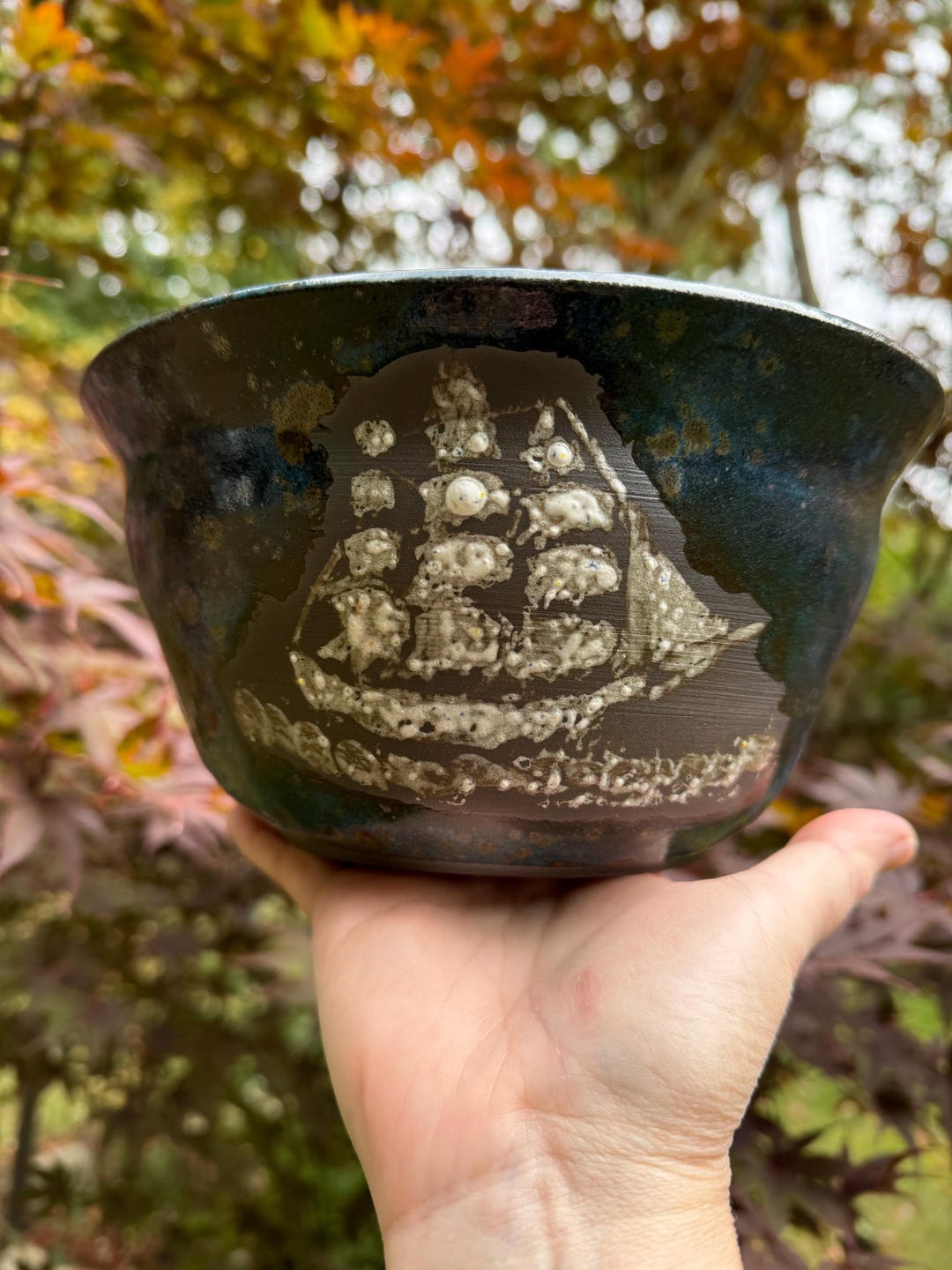 Ghost Ship on Black Stoneware Handmade Bowl/sailing Ship Bowl/nautical ...