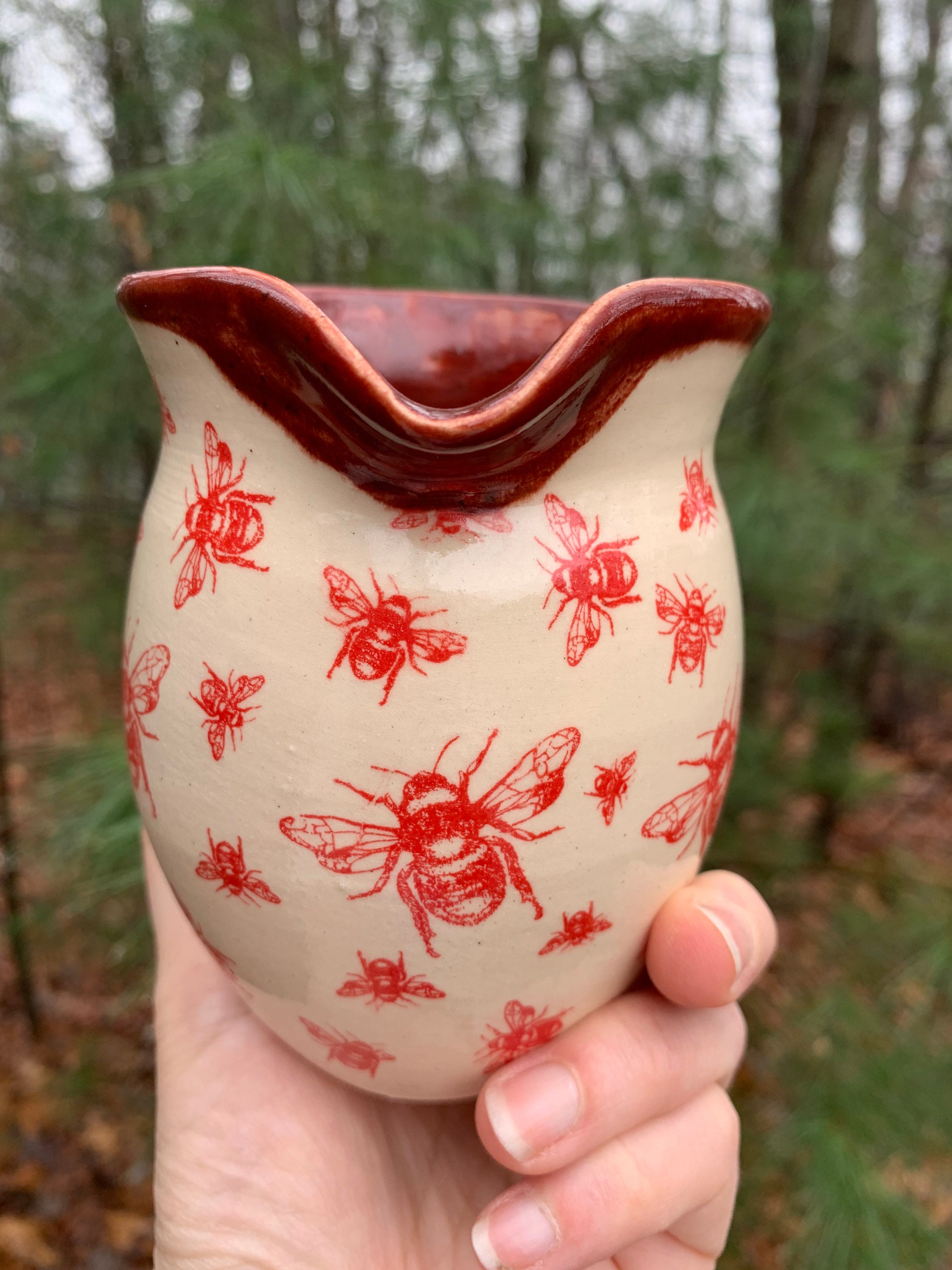 Bumblebee 10 ounce stoneware pitcher/creamer in red READY TO SHIP Mugs ...
