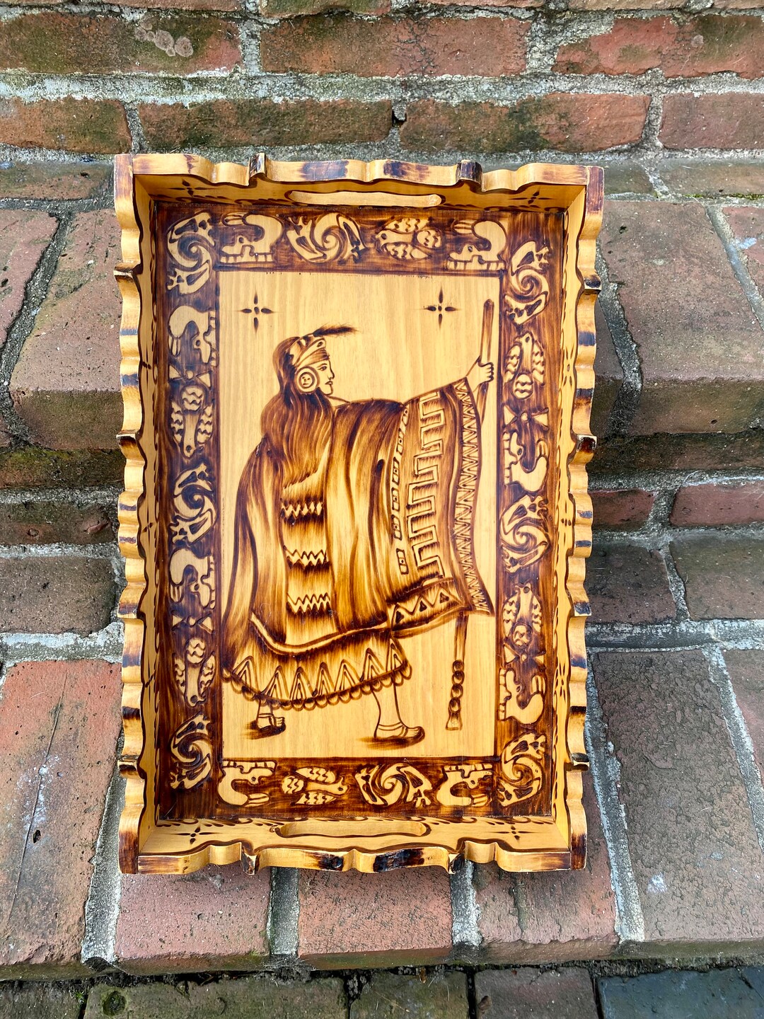 Vintage Folk Art Tray, Tribal Design Burned Wood Tray With Warrior ...