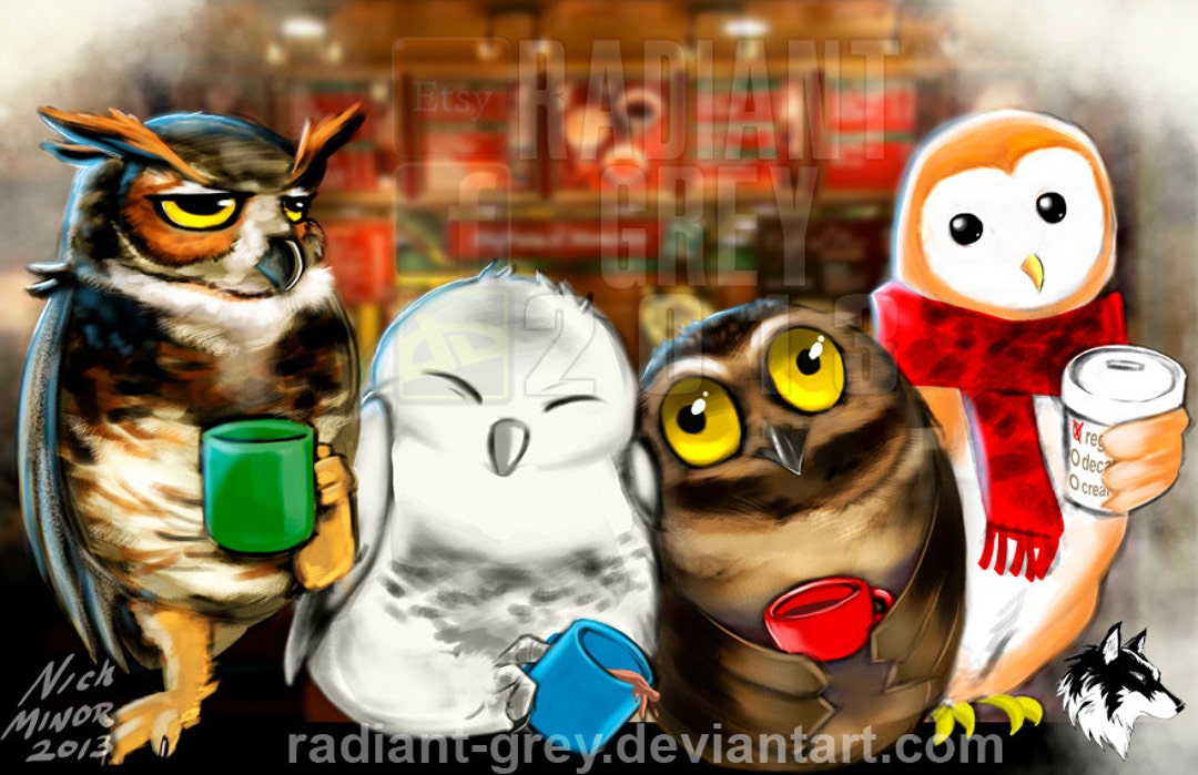 Coffee Owls Poster Print Wall Art Decor - Etsy