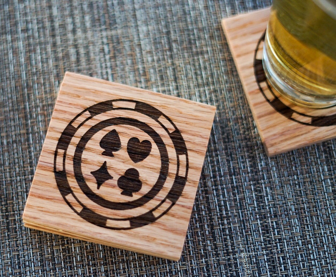 Handcrafted Solid Oak Drink Coasters Set, Laser Engraved, Unique Casino ...