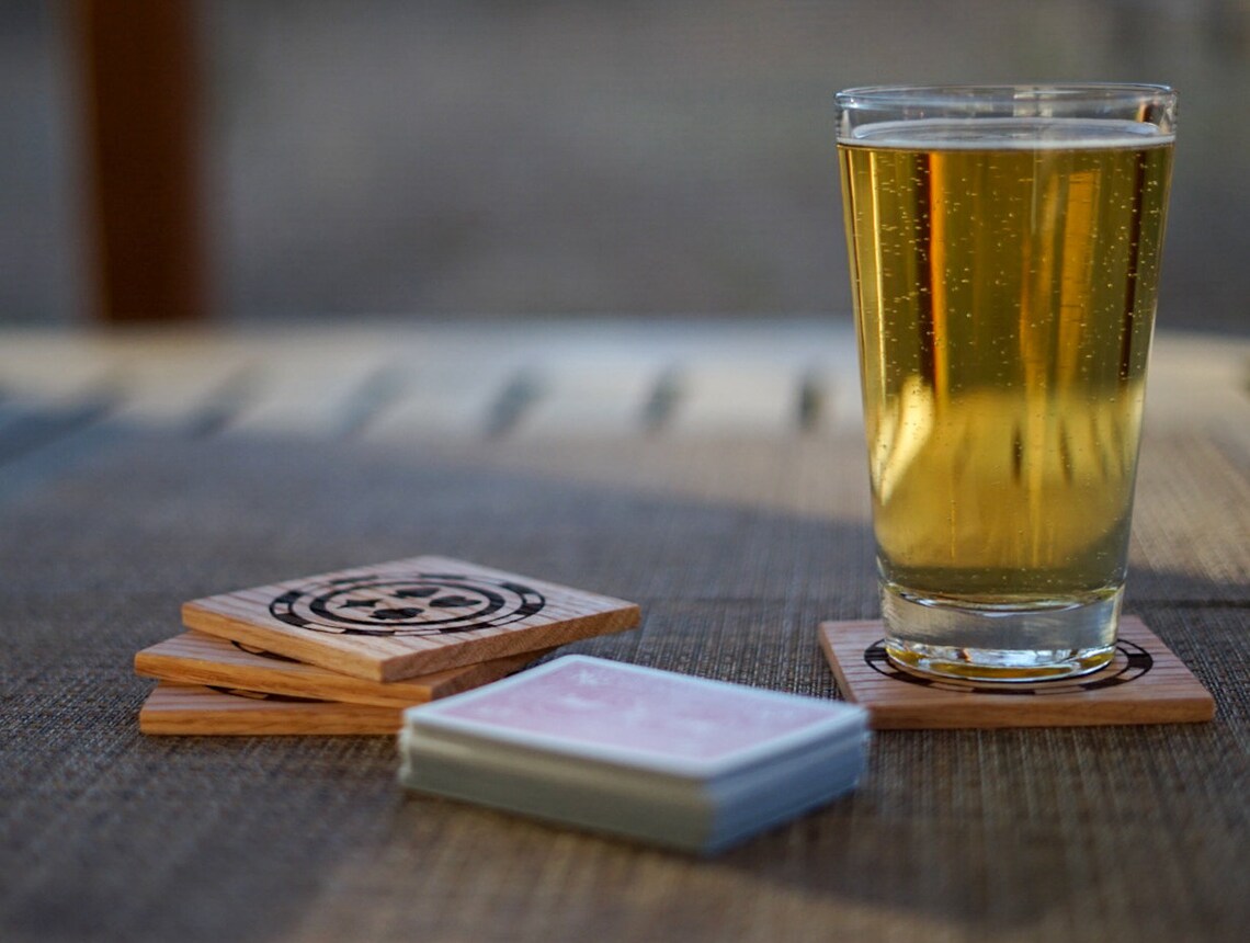 Handcrafted Solid Oak Drink Coasters Set, Laser Engraved, Unique Casino ...