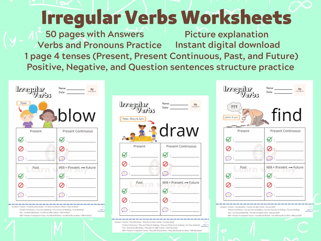 50 Printable Irregular Verbs Worksheet With Answers * Verbs + Pronouns ...