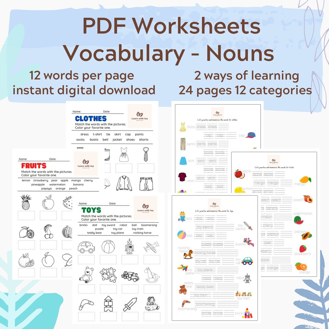 24 Printable English Vocabulary Worksheet for Nouns * Words Spelling ...