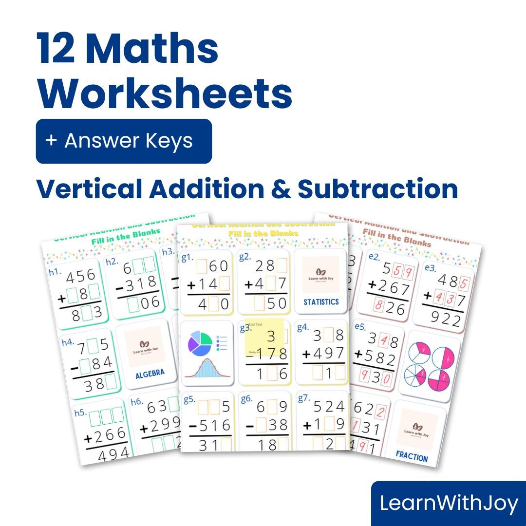 12 Math Worksheets + Answer Keys | Vertical Addition and Subtraction ...
