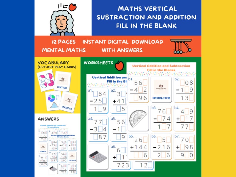 12 Math Worksheets + Answer Keys | Vertical Addition and Subtraction ...