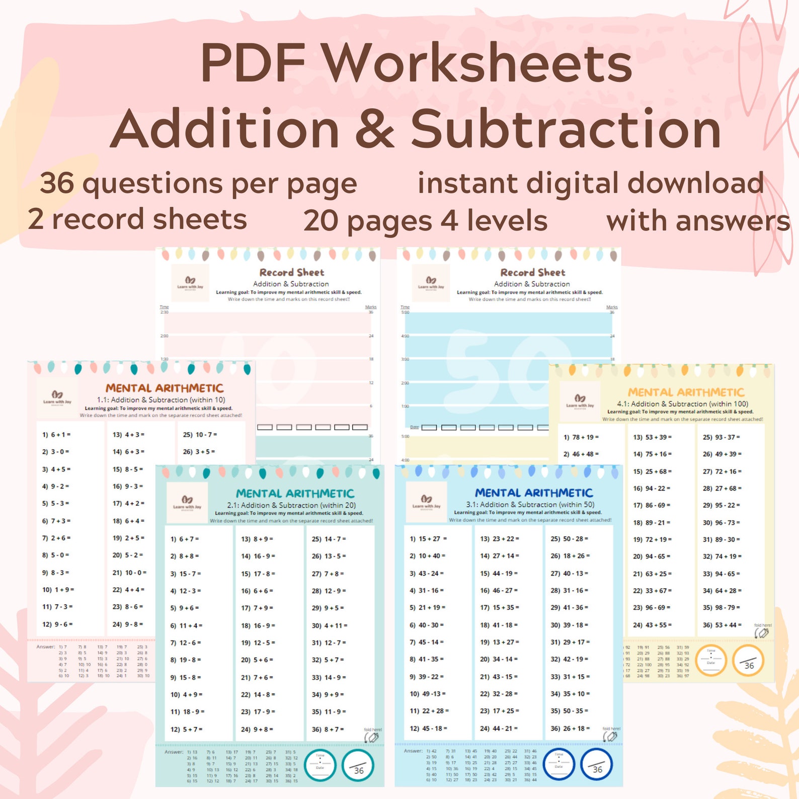 20+2 Printable Mental Arithmetic Math Worksheet With Answers * Addition ...