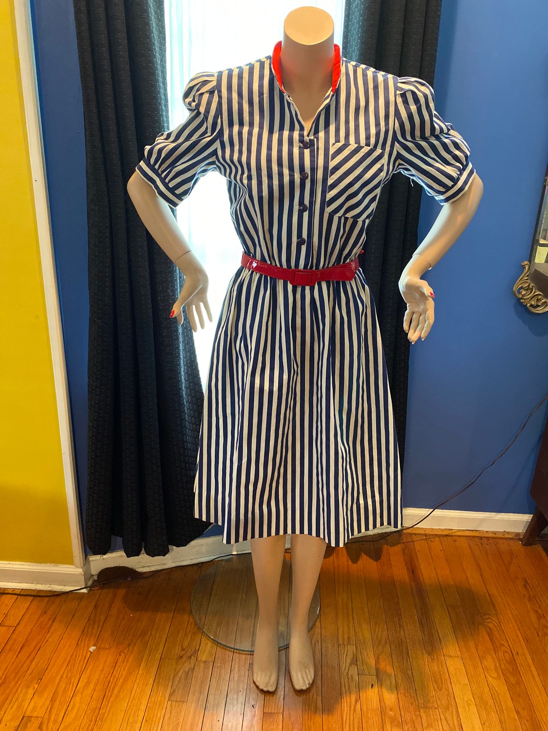 Vintage Blueandwhite Stripe Dress Deadstock Size 12 Cotton Etsy