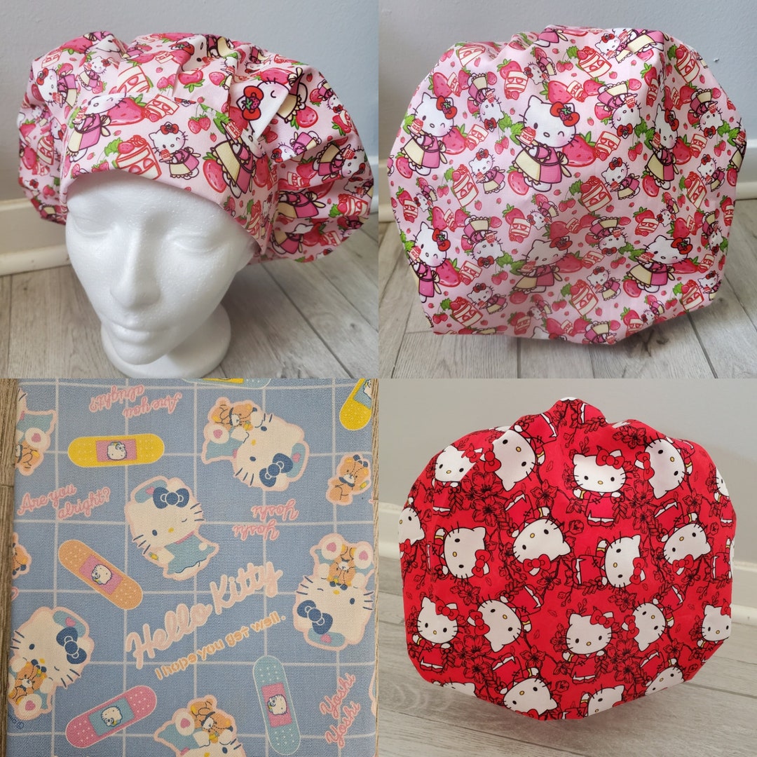 Bouffant Scrub Hat Cap, Lunar New Year, Asian, Red Gold, Kawaii Kitty ...
