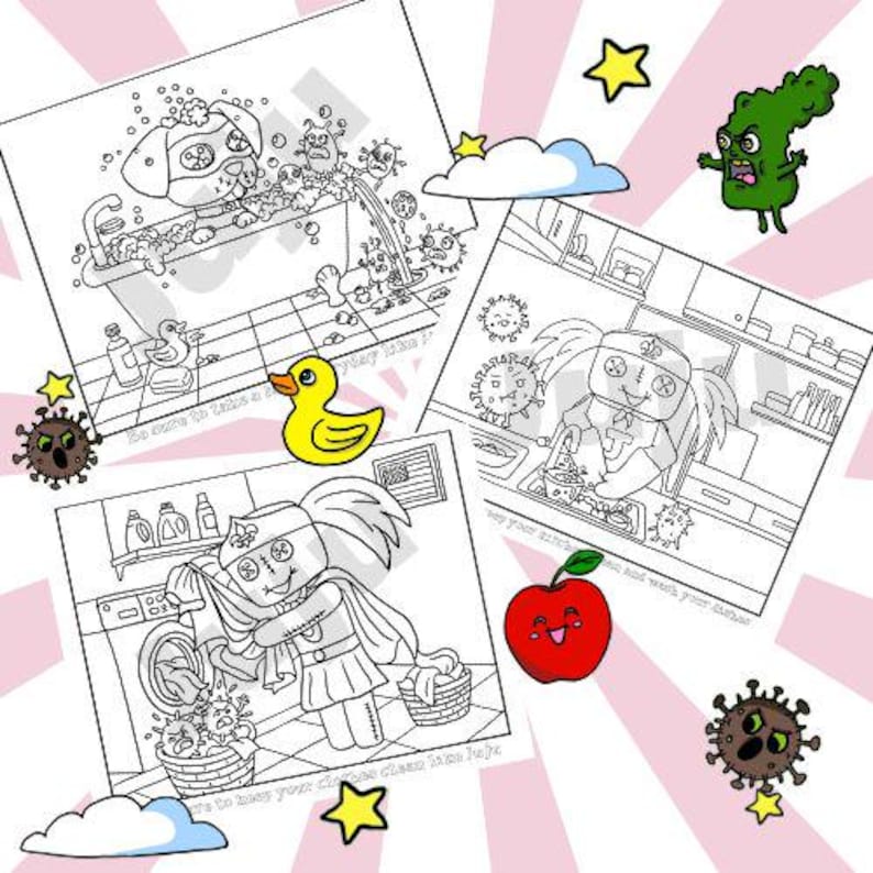 Juju and Crew Vs Germs Digital Downloadable Coloring Pages ~ Adult ...