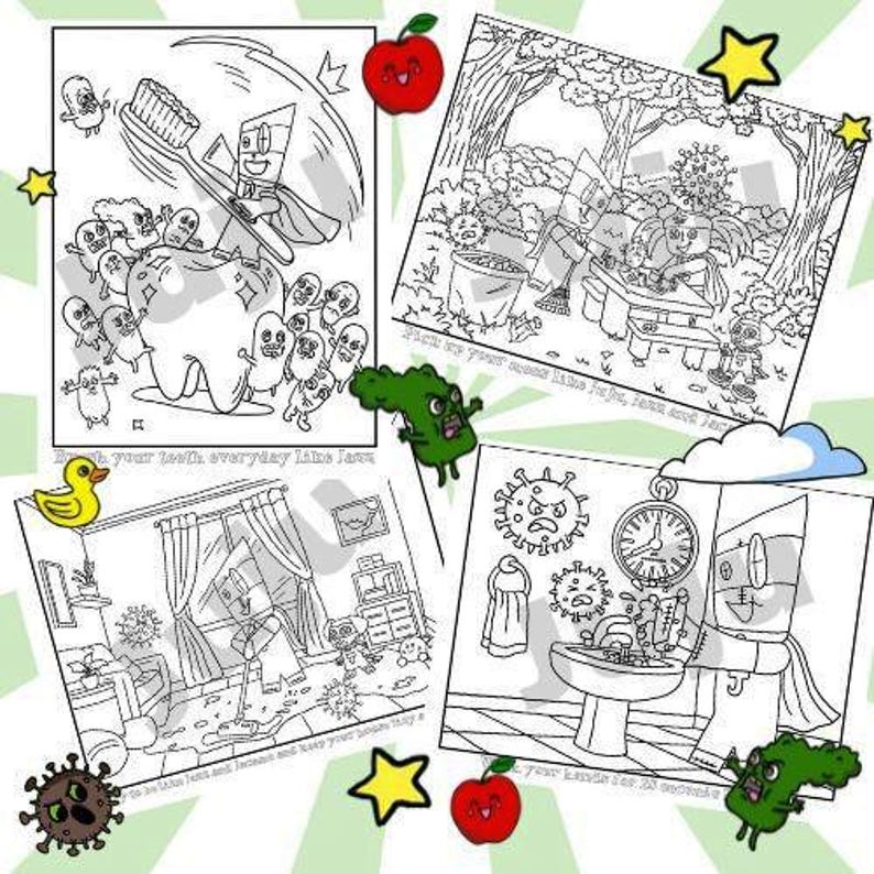 Juju and Crew Vs Germs Digital Downloadable Coloring Pages ~ Adult ...