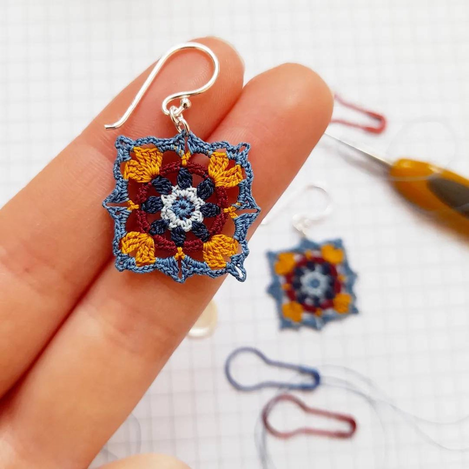Micro Crochet Square Earrings Yellow Red and Blue Earrings - Etsy