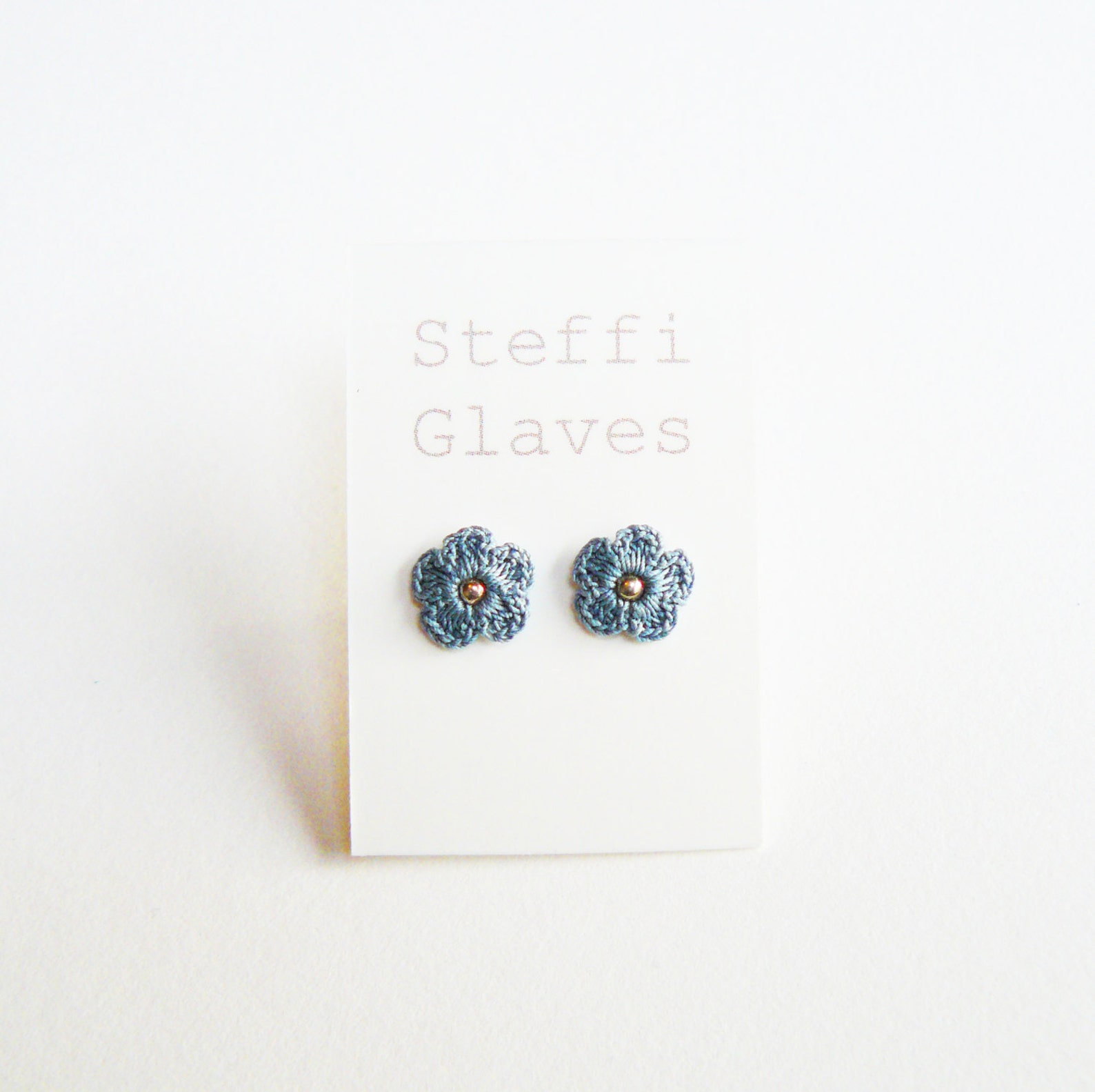 Dusky Blue Flower Ear Studs, Crochet Lace Earrings, Cotton Jewellery ...
